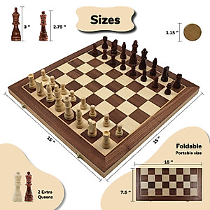 Funshpiel Magnetic Wood Checkers and Chess Set – Premium Handcrafted Chess Board Set with 2 Extra Queens, Chess and Checkers Set for Kids and Adults, Compact and Foldable Design, 15-inch Board Games