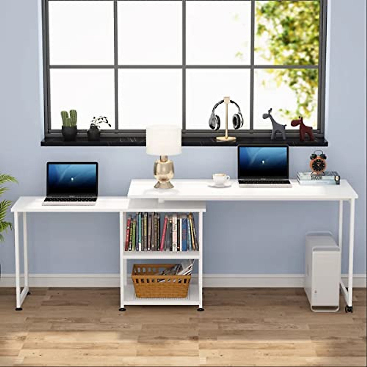 TRIBESIGNS WAY TO ORIGIN 55 Inch Reversible Office Desk, 360° Rotating L-Shaped Computer Desk with Storage Shelves, Modern Home Office Corner Desk Study Writing Table, High Glossy White