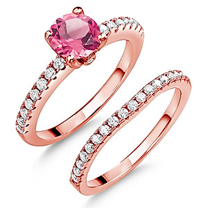 Gem Stone King 18K Rose Gold Plated Silver Pink Mystic Topaz and White Moissanite Wedding Engagement Band Bridal Set Ring For Women (1.99 Cttw, Gemstone, Available In Size 5, 6, 7, 8, 9)