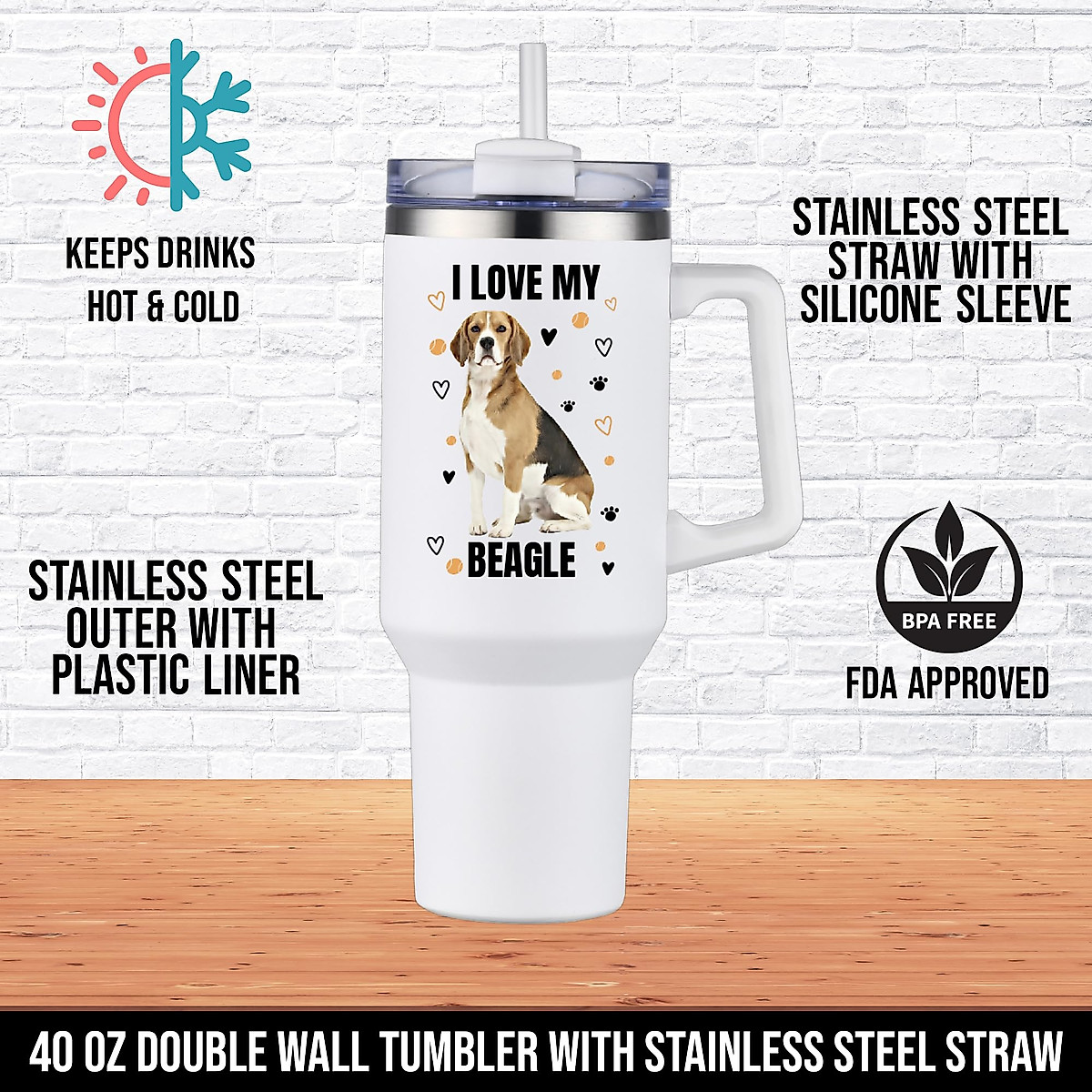 Dog Gifts, Dog Mug : 40 oz Tumbler with Handle and Straw, Travel Coffee Mug, Insulated Tumblers, Coffee Tumbler Cups - Dog Mom Gifts for Women, Dog Lover Gifts, Beagle Gifts, Small Dog (Beagle Gift)