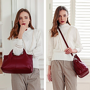 Iswee Women's Genuine Leather Handbag, Medium Satchel Shoulder Bag, Crossbody Hobo Purse with Pockets (Wine)