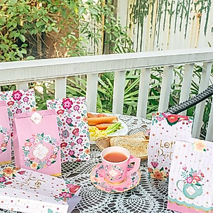 DECORLIFE 24PCS Tea Party Favor Bags, 4 Styles, Tea Party Candy Bags for Girls, Women, Kids, Perfect for Birthday Party, Stickers Included