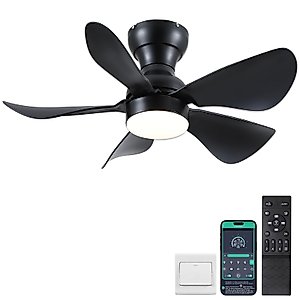 Kviflon Ceiling Fans with Lights and Remote/APP Control, 30 inch Low Profile Ceiling Fans with 5 Reversible Blades 3 Colors Dimmable 6 Speeds Ceiling Fan for Bedroom Kids Room Dining Room, Black