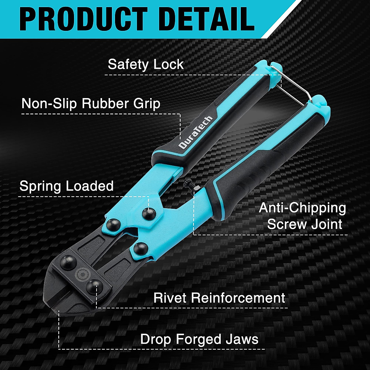 DURATECH 8-inch Mini Bolt Cutter with Bi-Material Ergonomic Handle Grip, Security Lock, Chrome Vanadium Steel Blade for Wire, Cables, Chains, Small Screws