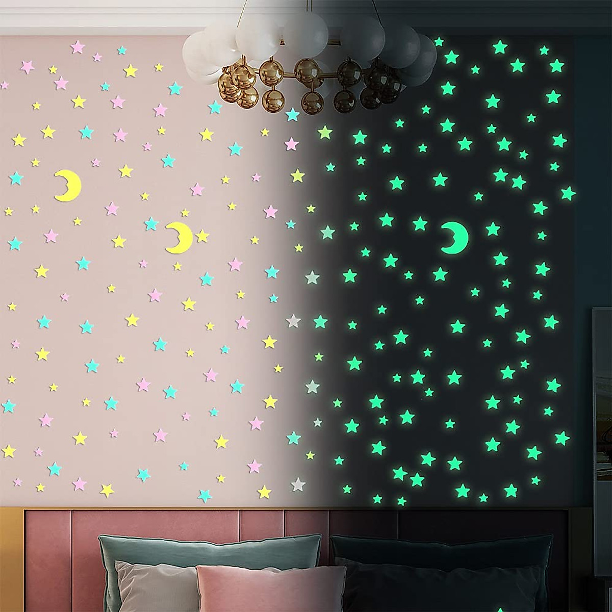DTLIFEK 300PCS Glow in The Dark Stars Wall Decals Luminous Moon Stickers for Ceiling 3D Fluorescent Plastic Self Adhesive Starry Sky Glowing Stars and Moon Wall Art Decor for Kids Baby Bedroom Room