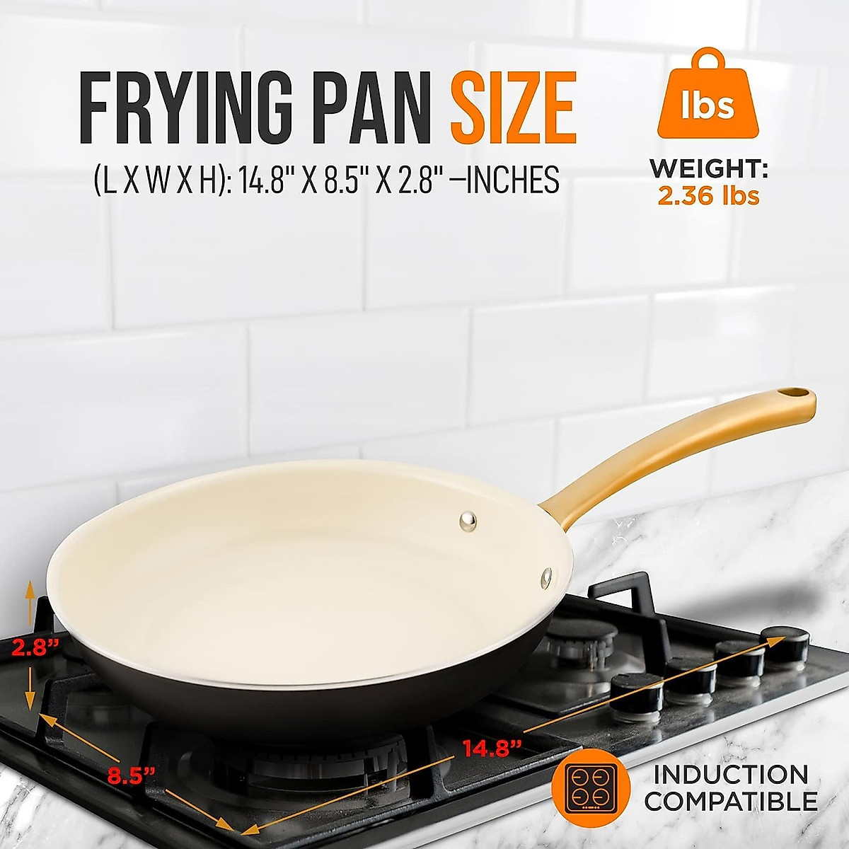 NutriChef 8-Inch Professional Ceramic Frying Pan - Small Skillet with Golden Titanium Handle, Non-Stick Ceramic Coating, Stain-Resistant, Easy to Clean, Ideal for Home Cooking