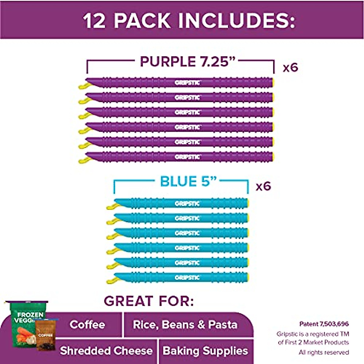 GRIPSTIC Bag Sealer - Reusable Chip Clips, Bag Clips. Patented. Airtight & Waterproof Seal on Food Storage Bags, Kids Snacks & More. Near Zero Waste. 12ct Small