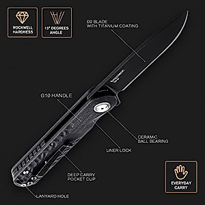 Dinoclier Empoleon Pocket Knife, Black 3.54" D2 Blade G10 Handle Ball Bearings Pivot Flipper Folding Knife