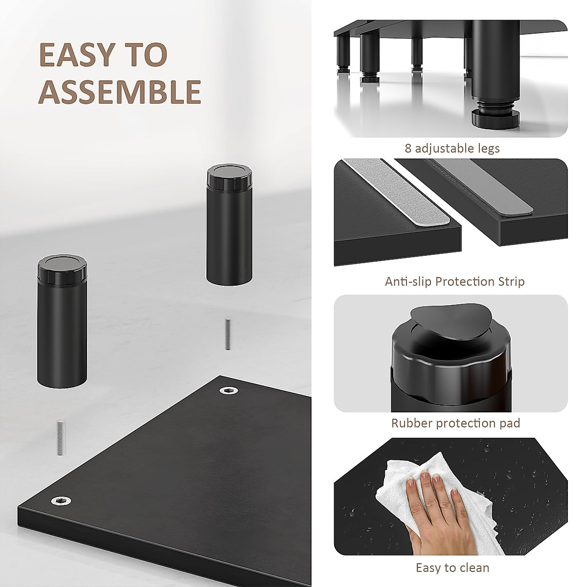 AX Waber Dual Monitor Riser, Adjustable Height Steel Leg Wooden Stand with Storage Space - Black