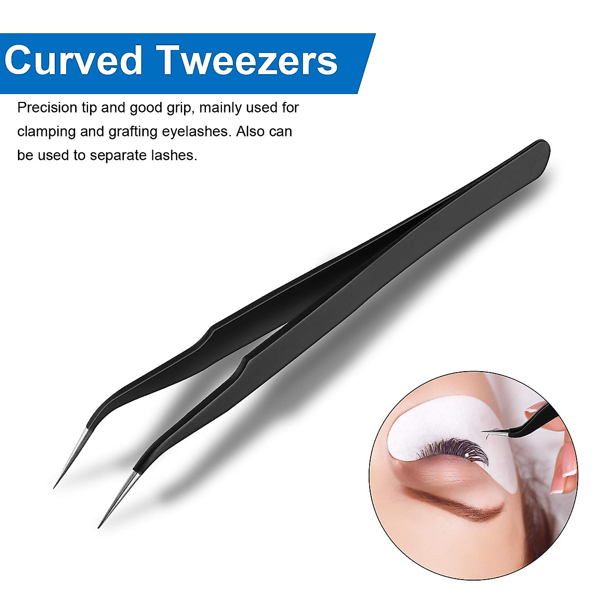 2 Pieces Straight and Curved Tip Tweezers Eyelash Extension Tweezers, Stainless Steel False Lash Application Tools (Black)