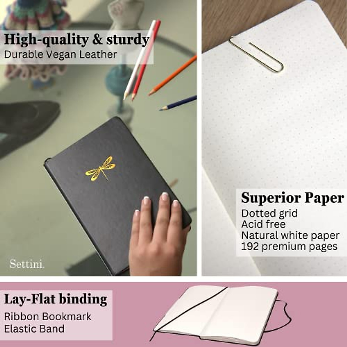 SETTINI Dotted Journal - A5 Vegan Leather Notebook, 192 Archival-Quality Pages, QuillEase Bleed-Free Paper, Inner Pocket & Bookmark, Ideal for Bullet Journaling - Black Dragonfly