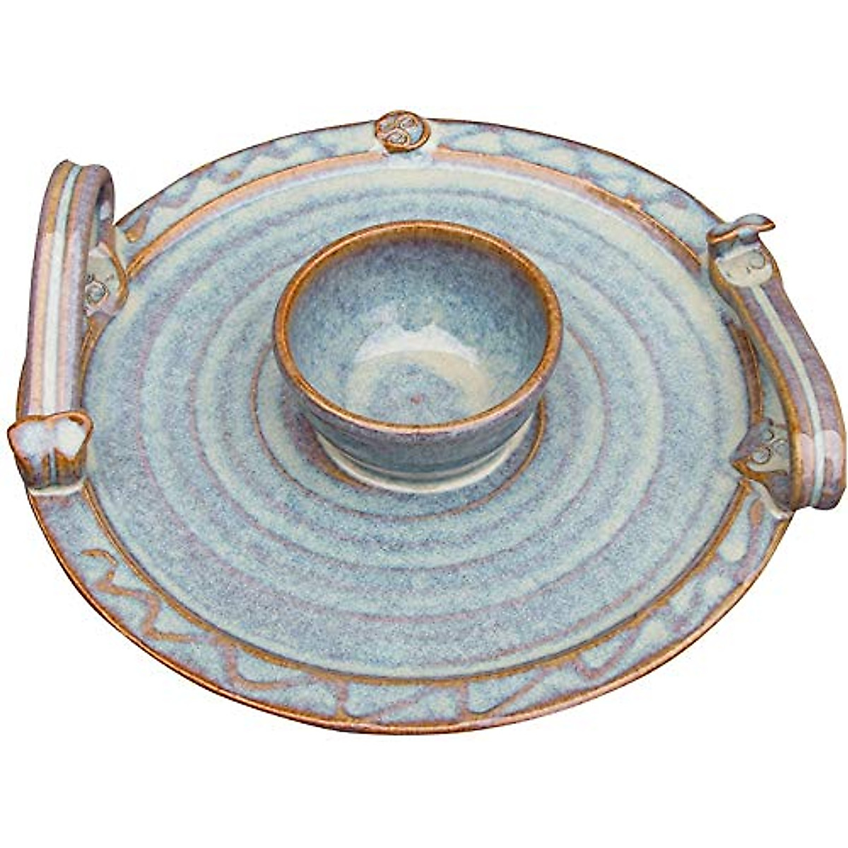 Castle Arch Pottery Handmade Party Platter with Dip Bowl. 9” Diameter Serving Plate with Celtic Spiral Logo. Original Irish Design Hand-Glazed for Durability and Quality of Finish (Green)
