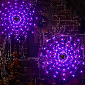 Remon 4Ft Light Up Spider Web Halloween Decorations, 96 Purple LED Waterproof Spider Web Lights with Big Spider, 8 Flashing Modes Battery Powered for Halloween Home Window Yard Garden Indoor Outdoor
