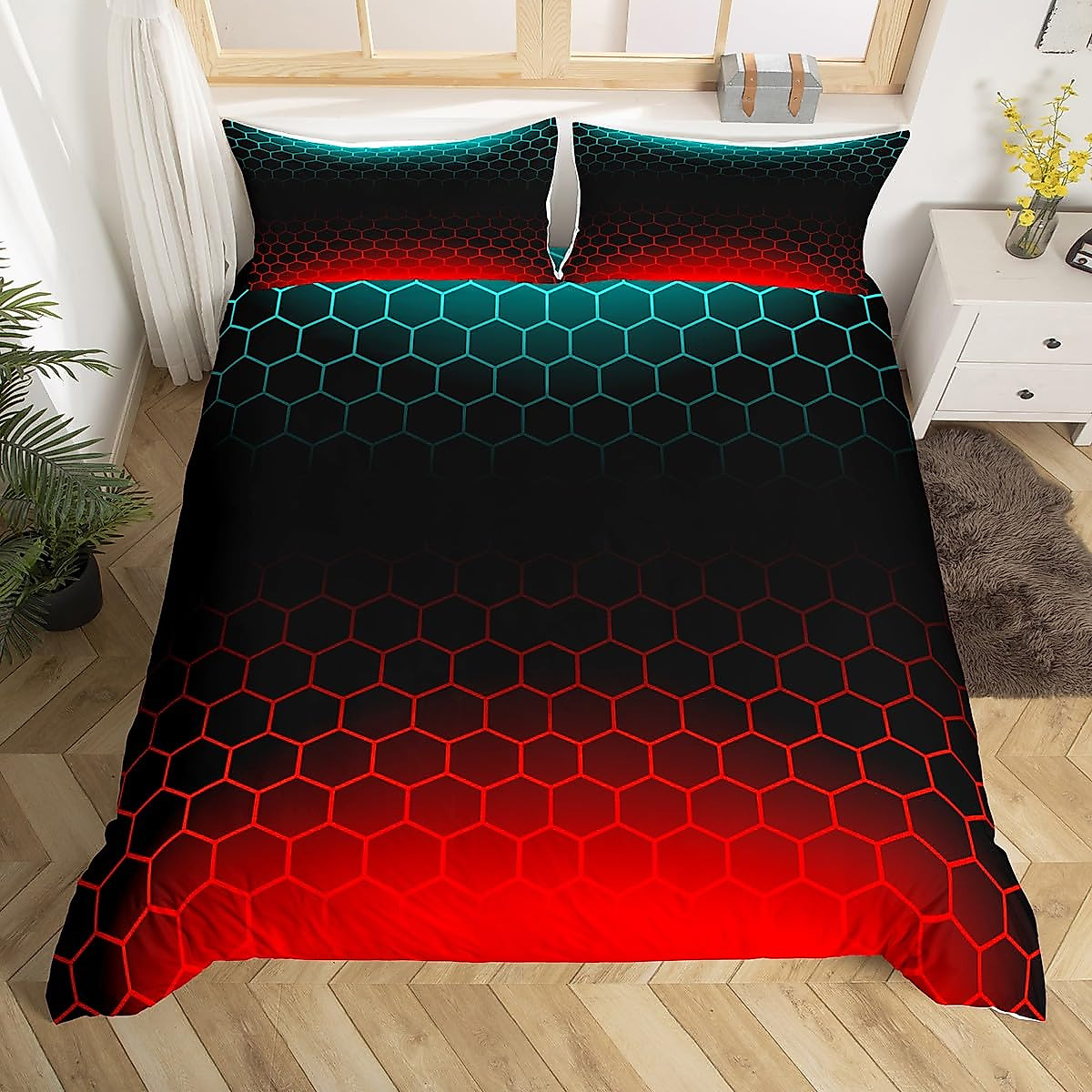 Red Blue Ombre Duvet Cover Full, Geometric Honeycomb Bedding Set Abstract Ombre Honeycomb Comforter Cover Beehive Hexagon Bedspread Cover Bed Set with 2 Pillow Case (No Comforter)
