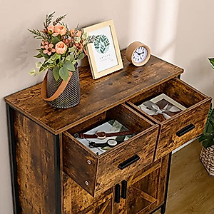 WEENFON Storage Cabinet, Floor Storage Cabinet with 2 Large Drawers, Accent Cabinet with 2 Barn Doors, Sideboard Cabinet for Living Room, Entryway, Kitchen, Industrial, Rustic Brown