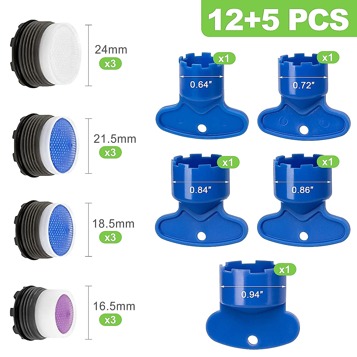CeroDimo 12 PCS Faucet Aerators with 5 PCS Aerator Key for Sink Faucet, Faucet Aerator Removal Tool, Faucet Aerator Replacement for Bathroom or Kitchen Sink, M16.5 M18.5 M21.5 M24