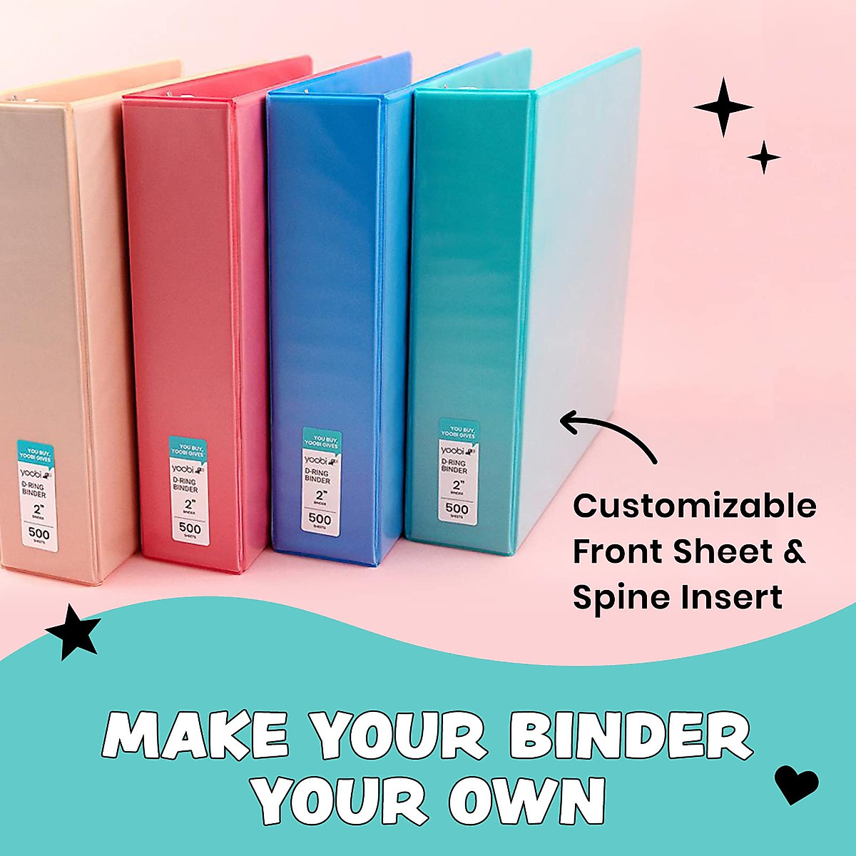 Yoobi 2 Inch Binder Set – 3-Ring Binders with 2 Pockets – Perfect for School or Office – Holds up to 500 Sheets – 4 Pack – Solid Multicolor Variety