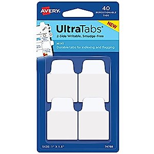 Avery Mini Ultra Tabs, 1" x 1.5", 2-Side Writable, White, 40 Repositionable Tabs (74788)