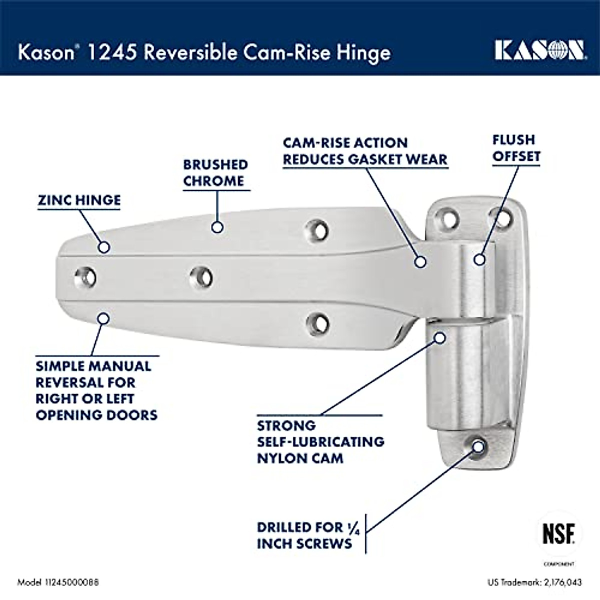 Kason 1245 Reversible Cam-Rise Hinge, Flush Offset, Brushed Chrome Finish, 11245000088