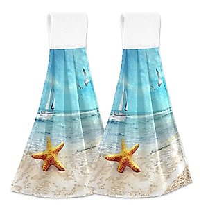 Kigai Sea Beach Starfish Kitchen Hanging Towels Set of 2, Absorbent Hand Tie Towels Tea Bar Dishcloths Dry Towels for Kitchen Bathroom Home Decor, 12 x 17 Inch