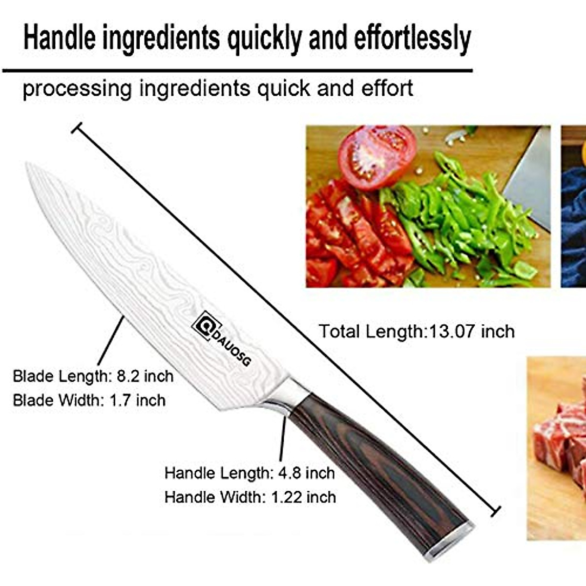 8 Inch Chef's knife, blade length 20 cm, professional kitchen knife, chef's knife, utility knife made of carbon stainless steel, extra sharp knife blade with ergonomic handle