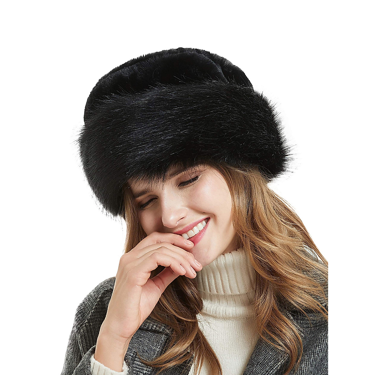Soul Young Women's Leopard Faux Fur Hat with Fleece and Elastic for Winter(One Size,Black)