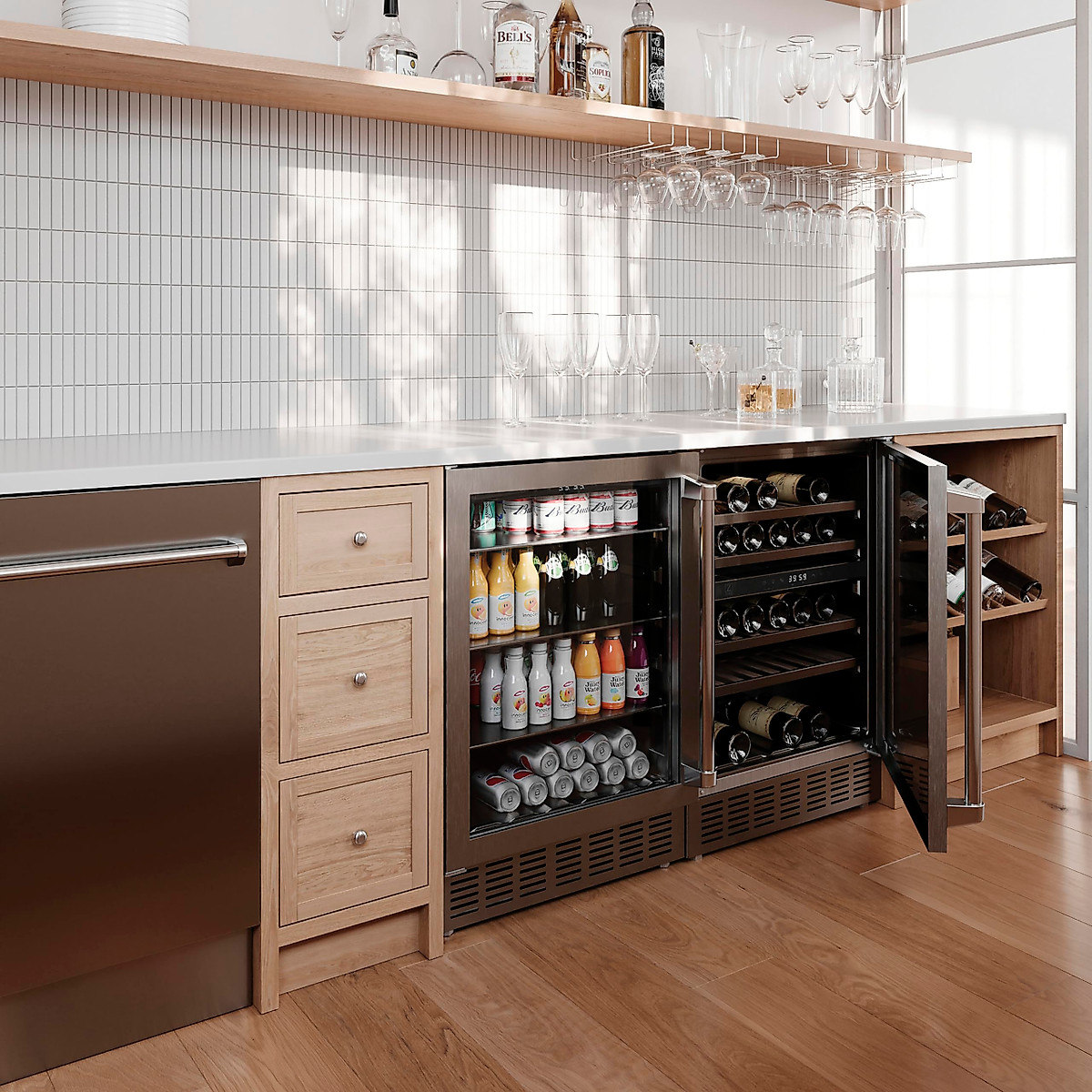 Z Line Kitchen and Bath ZLINE 24" Dual Zone 44-Bottle Wine Cooler in Stainless Steel with Wood Shelf (RWV-UD-24)