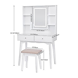 ANWBROAD Makeup Vanity Desk Vanity Table Set with LED Lighted Mirror Vanity Set with 3 Adjustable Lighting Colors 5 Storage Shelves 2 Big Drawers Dresser Cushioned Stool for Girls Women (White)