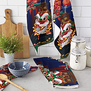 Hokiten Kitchen Towel Set, Lion Dance Fast Drying Microfiber Kitchen Towels Dish Cloths, Tea Towels/Bar Towels/Hand Towels Chinese New Year Picture Tradition Art (Set of 4, 18x28 Inch)
