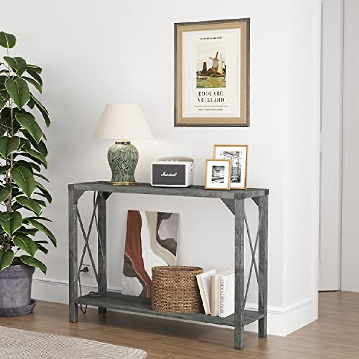 IRCPEN 42.5" Entryway Table with Charging Station, 2-Tier Skinny Sofa Table with Outlet, Industrial Console Table for Entryway, Living Room, Hallway, Foyer (Grey, 42.9" D x 11.8" W x 29.9" H)