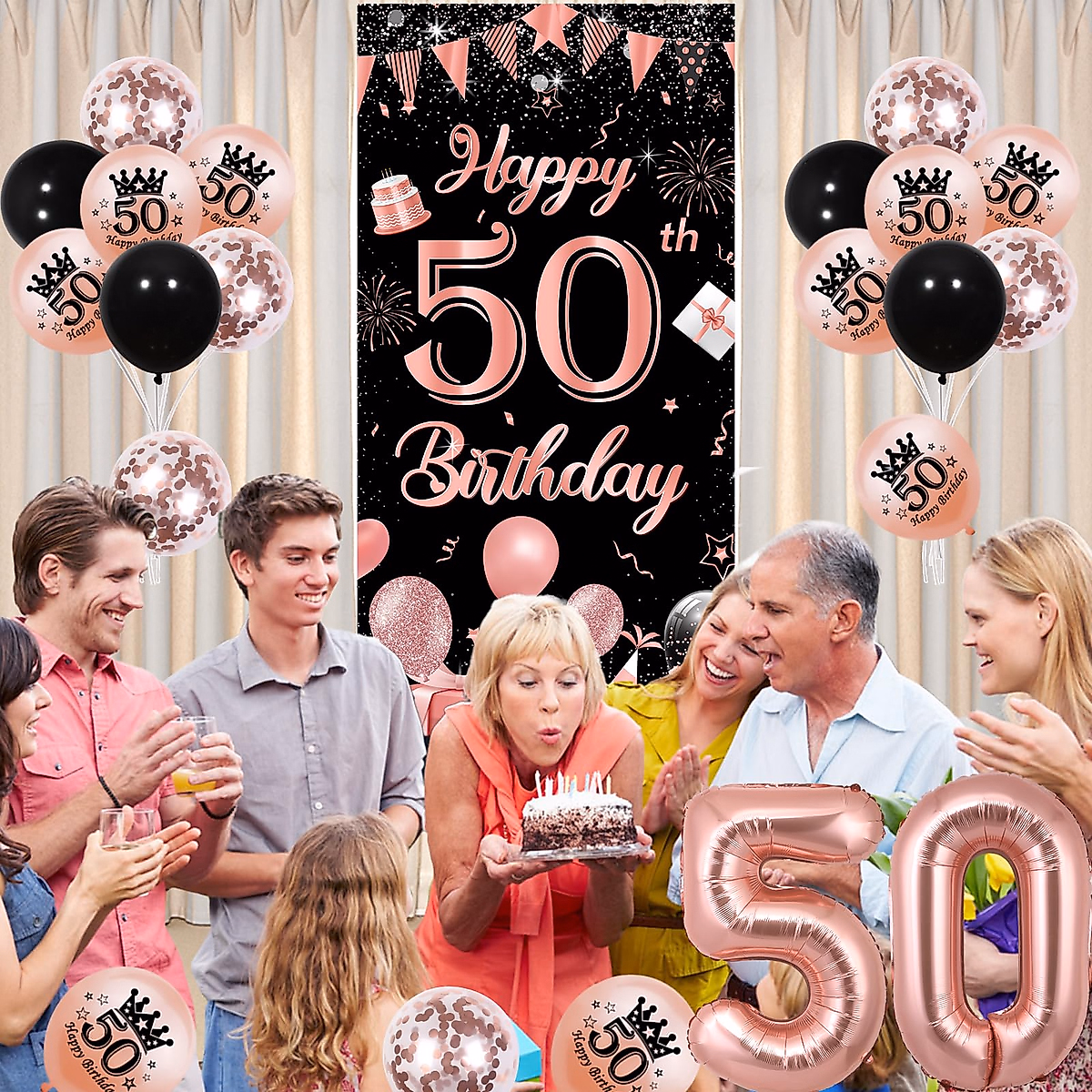 50th Birthday Decorations for Women Black and Rose Gold, Happy 50th Birthday Door Banner, Triangle Flag Garland, Number 50 Balloon, Fifty Year Old Birthday Party Supplies