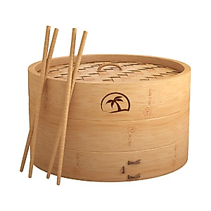 DEALZNDEALZ 3-Piece Bamboo Steamer Basket with Lid 10-inch 2-Tier, 50 Perforated Bamboo Steamer Liners with 2-Pairs of Bamboo Chopsticks