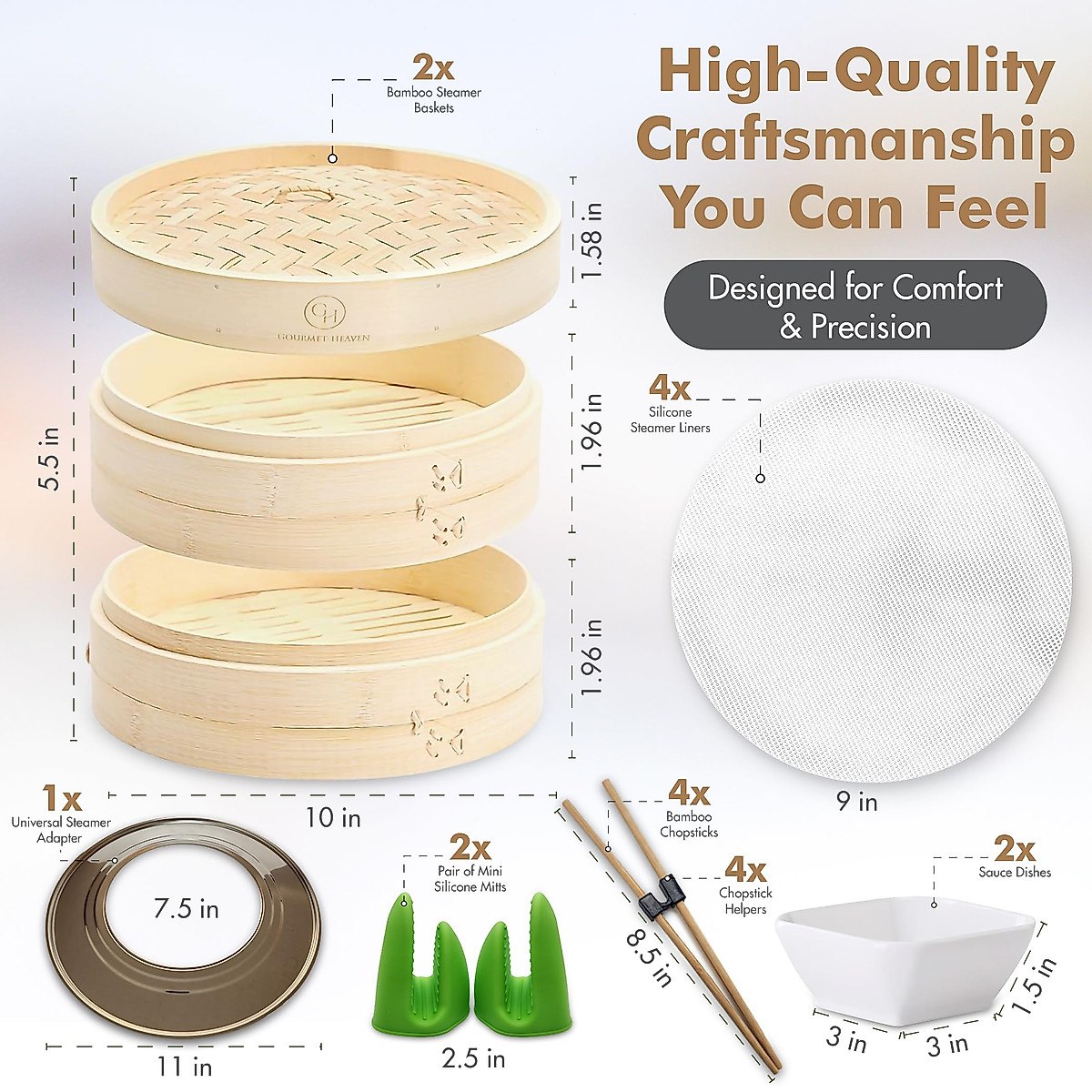 Gourmet Heaven Bamboo Steamer Basket Kit 2 Tier-10 Inch-Steamer for Cooking-Dumplings Steamer, Momo,Bao Buns, Asian,Chinese Food Steamer Basket,Silicone Pot, Rice Steamer,Liners-Dim Sum,Soup Steamer