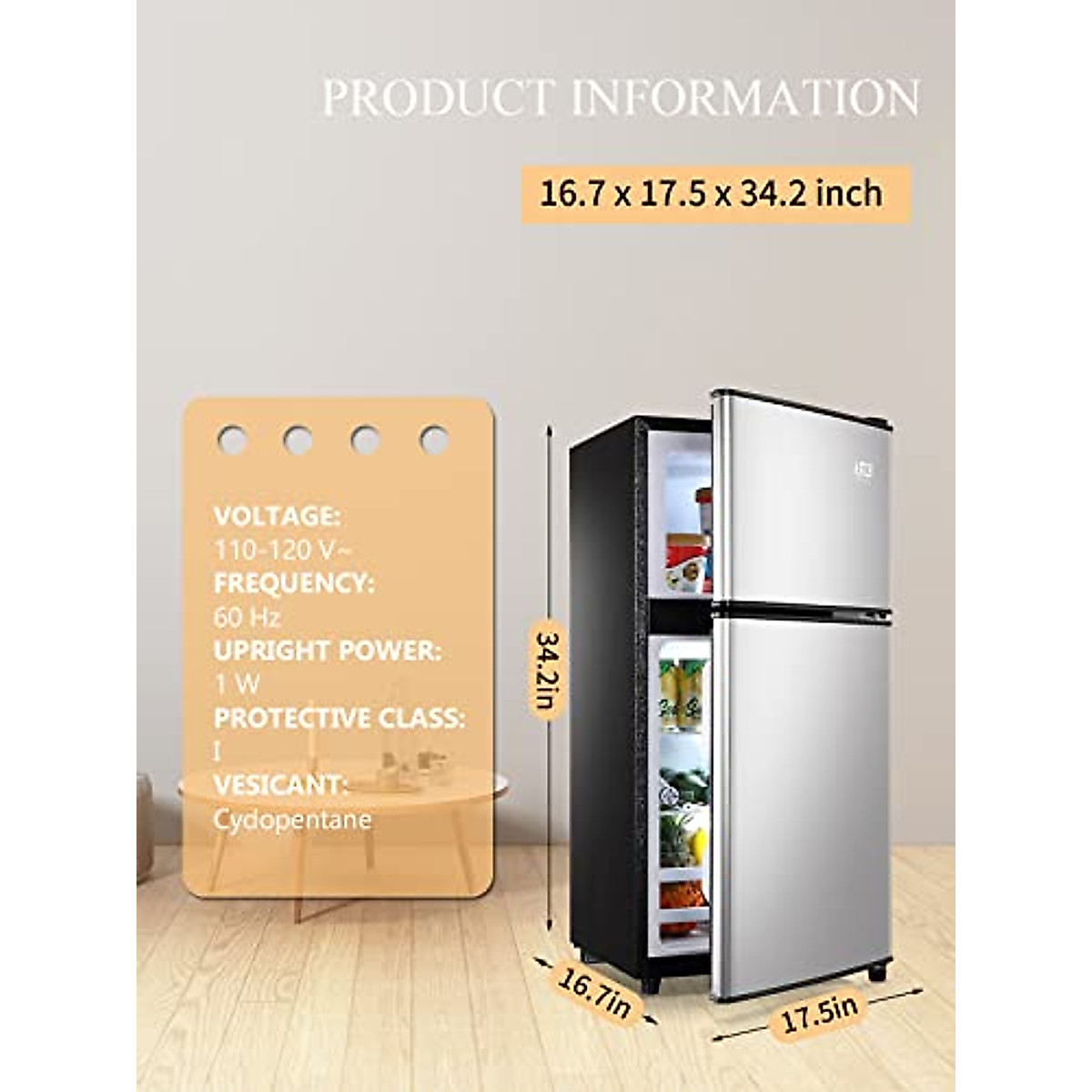 KRIB BLING Mini Fridge with Freezer on Top, 3.5 Cu.Ft Compact Refrigerator with 7 Levels Adjustable Thermostat, Small Fridge for Dorm, Office, RV Camping, Silver