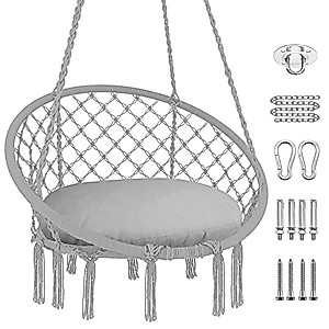 Patio Watcher Hammock Chair Hanging Macrame Swing with Cushion and Hardware Kits, Max 330 Lbs, Handmade Knitted Mesh Rope Swing Chair for Indoor, Outdoor, Bedroom, Patio, Yard, Deck, Garden, Gray