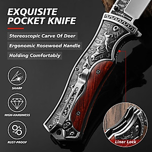 ohmonlyhoo Folding Knife,3.7 inch Pocket Knife with Deer Pattern Rosewood Handle,EDC Knife with Pocket Clip and 7Cr13Mov Blade, for Men and Women, for Outdoor