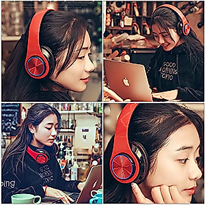 TPSKY Bluetooth Headphones Over Ear Headphones with Deep Bass LED Foldable Stereo Headphones for Smart Phone/TV/PC (Red/Black)