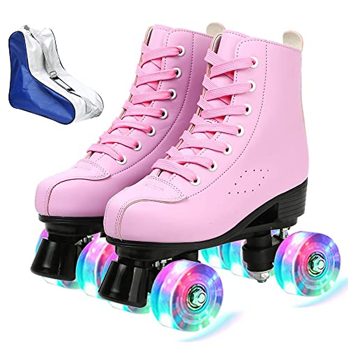 XUDREZ Roller Skates for Women Men Cozy PU Leather High-top Roller Skates for Beginner Double-Row PU Wheels, Professional Indoor Outdoor Roller Skates with Shoes Bag (Pink Flash,37)