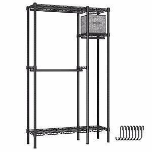 SONGMICS Garment Rack Heavy Duty Clothes Rack, Freestanding Portable Wardrobe Closet for Hanging Clothes with 1 Storage Box, 8 Hooks, Adjustable Wire Shelves, 3 Hanging Rods, Black ULGR421B01