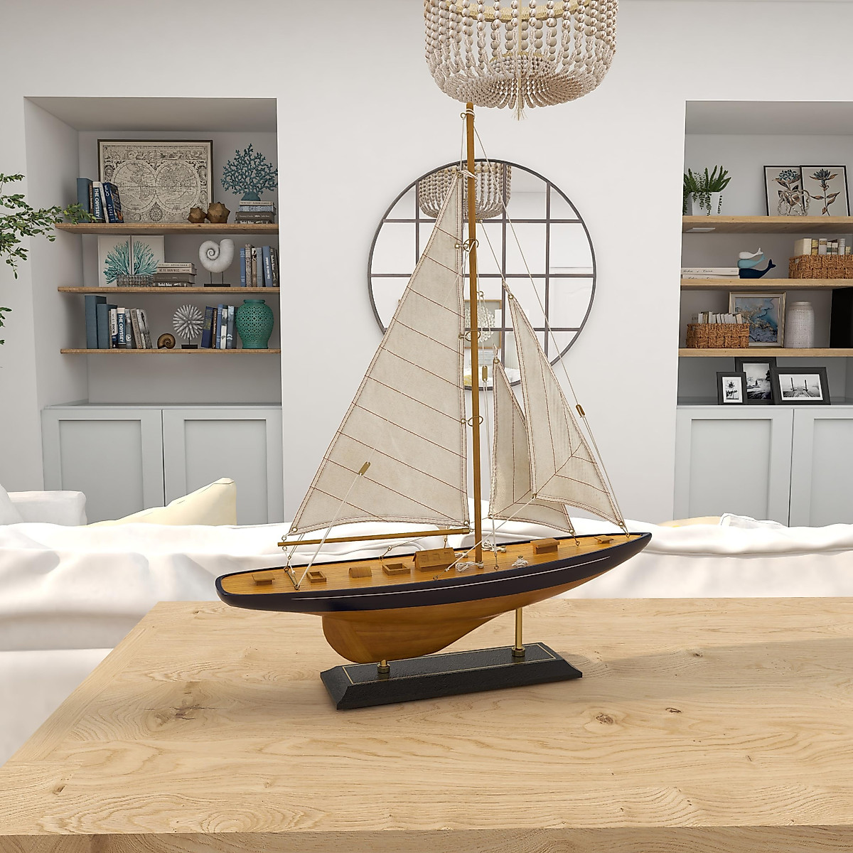 Deco 79 Wood Sail Boat Sculpture with Lifelike Rigging, 17" x 4" x 21", Beige