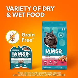 Iams Perfect Portions Indoor Adult Grain Free Wet Cat Food Pate Variety Pack, Salmon and Tuna Recipes, 2.6 oz. Easy Peel Twin-Pack Trays (12 Count, 24 Servings)