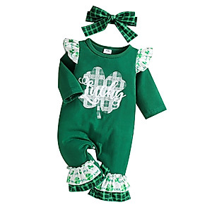 Toddler Baby Girl St Patrick 's Day Outfits Long Sleeve Jumpsuit Clover Romper Ruffle Bodysuit One Piece Bodysuit Headband 2Pcs (Green, 0-3 Months)
