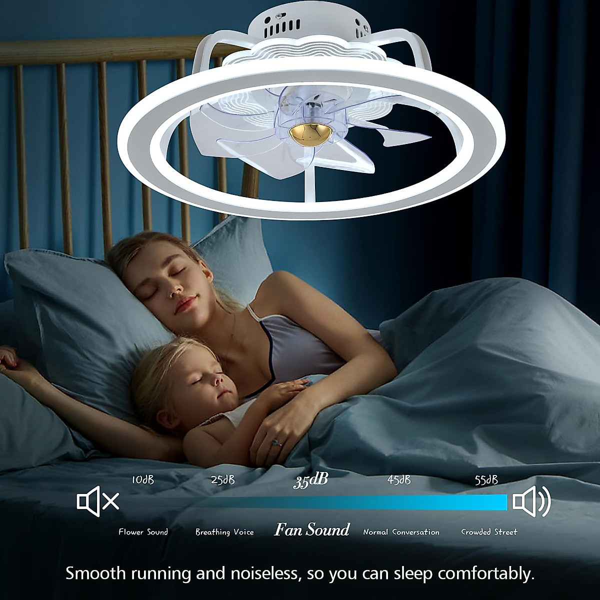 FOSOQIB Low Profile Ceiling Fan with Light and Remote 3-Color Dimmable,3-Speed Reversible Blade Bladeless Ceiling Fan with Light, Ceiling Fans with Lights for Bedroom Kitchen Home Office