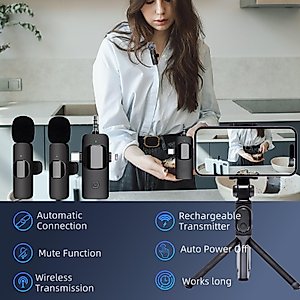 2 Pc Mini Microphone,Wireless Lavalier Lapel Microphone for iphone Android Camera Plug-Play，Professional Noise Reduction Recording Clip Mic for Creator Interview YouTube Interview TikTok Vlog (K15)