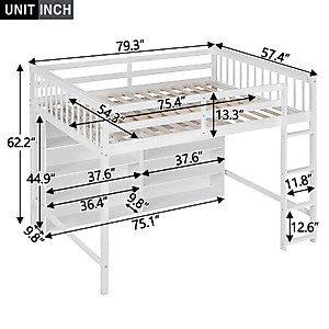 Harper & Bright Designs Full Size Loft Bed with Storage, Wooden Loft Bed Frame with 8 Open Storage Shelves and Built-in Ladder, White
