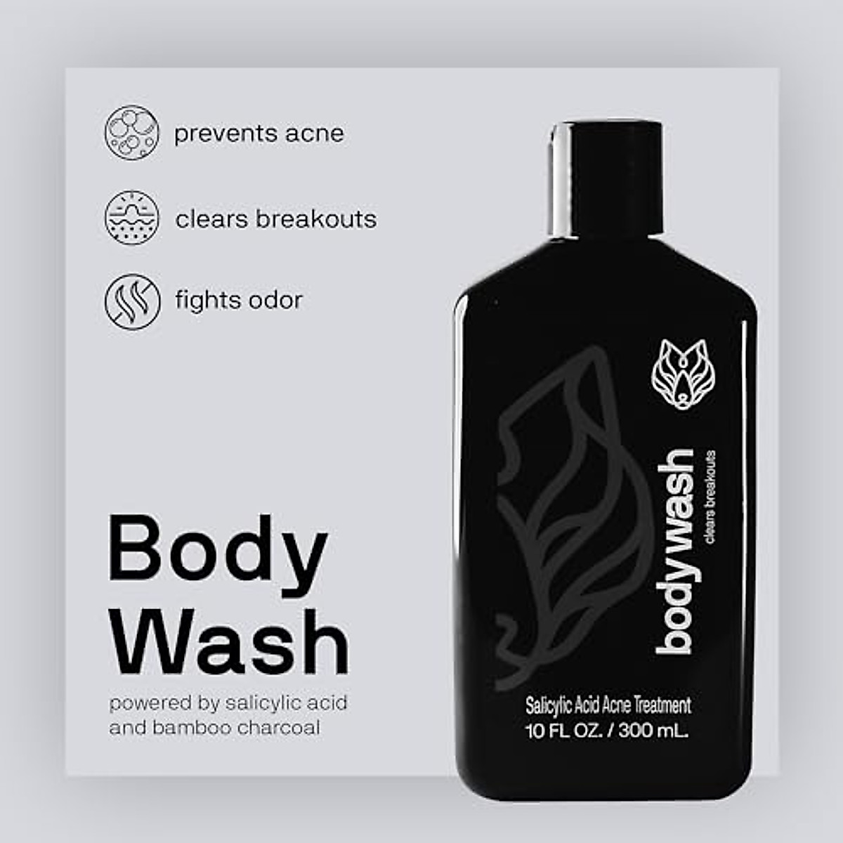 Black Wolf Charcoal Powder Body Wash Men - 10 Fl Oz Paraben-Free Mens Body Wash - Salicylic Acid Reduce Acne Breakouts and Cleanse Your Skin - Full Coverage & Deep Clean Men's Bodywash
