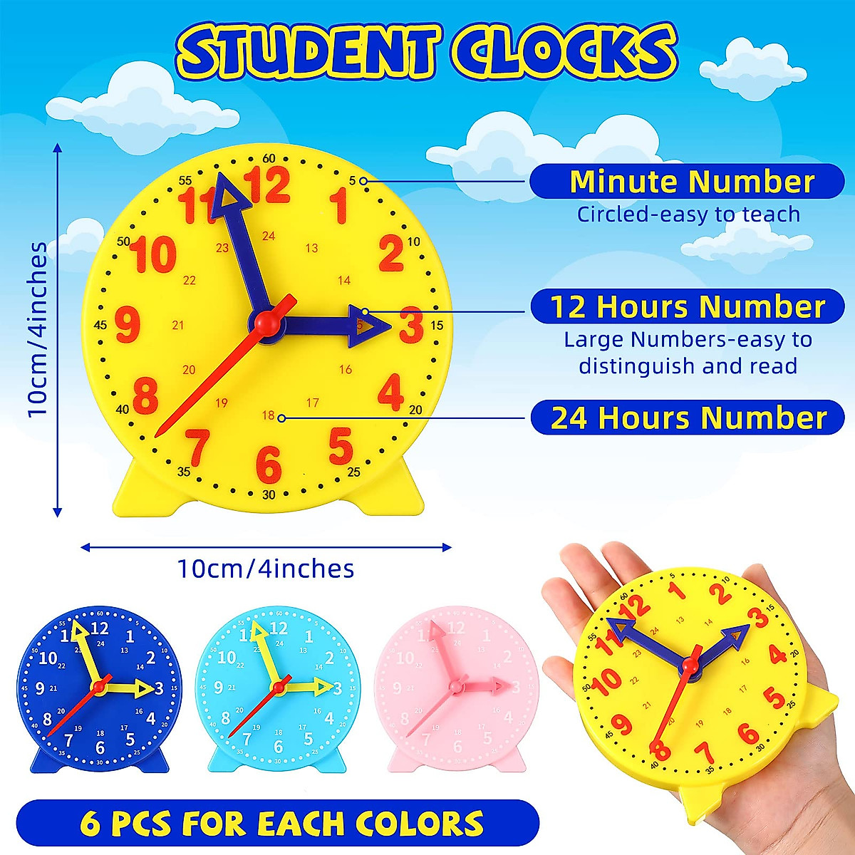 Batiyeer 24 Pcs Teaching Clock Kit for Kids to Tell Time Teaching Clock Mini Geared Clock for Kids Basic Math Development Teacher and Classroom Supplies, 4 Inch (Dark Blue, Yellow, Pink, Sky Blue)