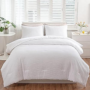 LAVACHEY King Size Comforter Set, White Seersucker Comforter Sets King Size Bed, Soft & Lightweight Bedding Comforters Sets 3 Pieces (104x90In Comforter & 2 Pillowcases)