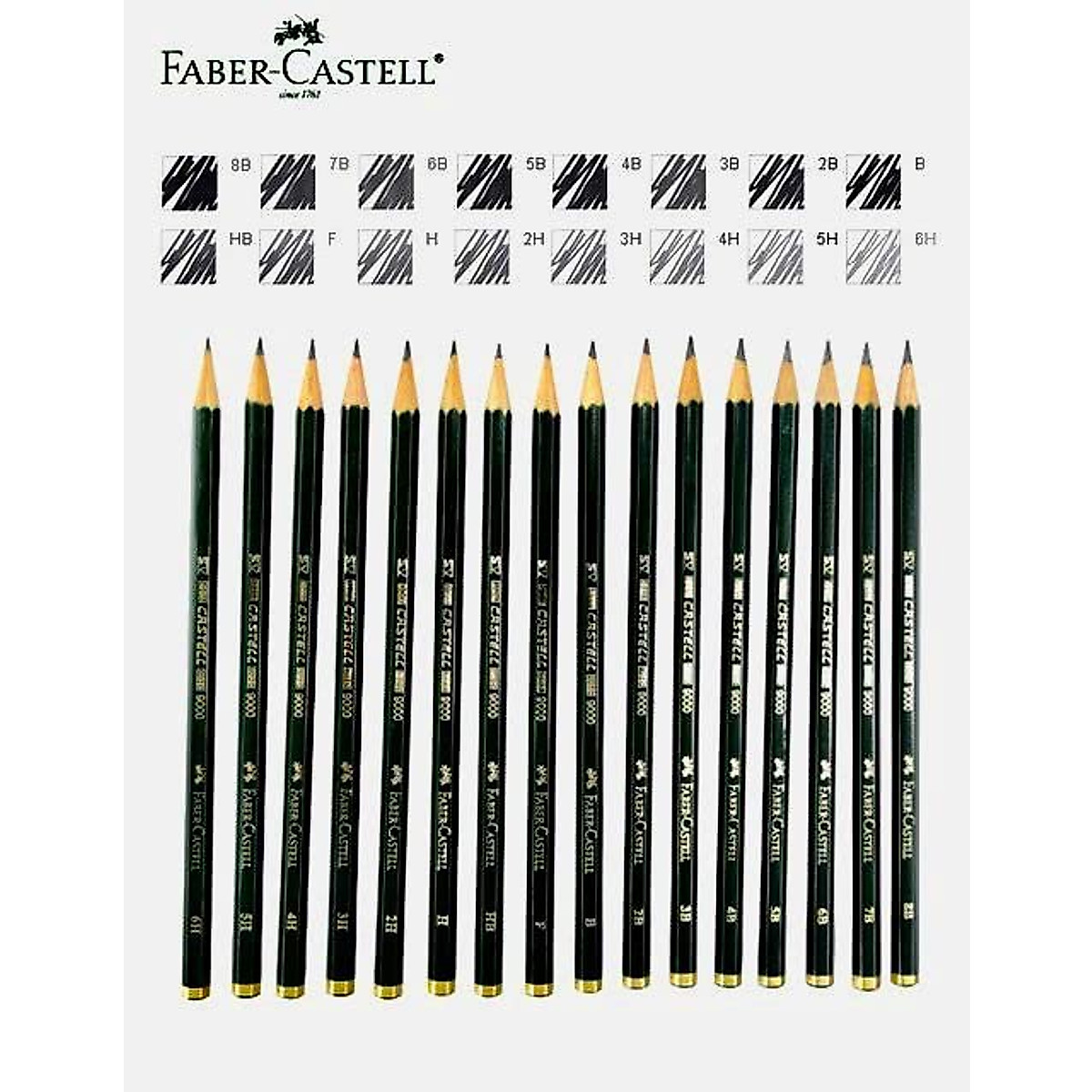 Faber-Castell 9000 Graphite Sketch Pencil Art Set (8B - 2H) with Kneaded Art Eraser, Large Dust Free Eraser and Sharpener