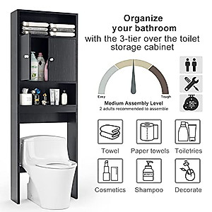 Hcman Over The Toilet Storage Cabinet - 77" H Over Toilet Bathroom Cabinet Organizer with Open Shelves and Double Doors, Black